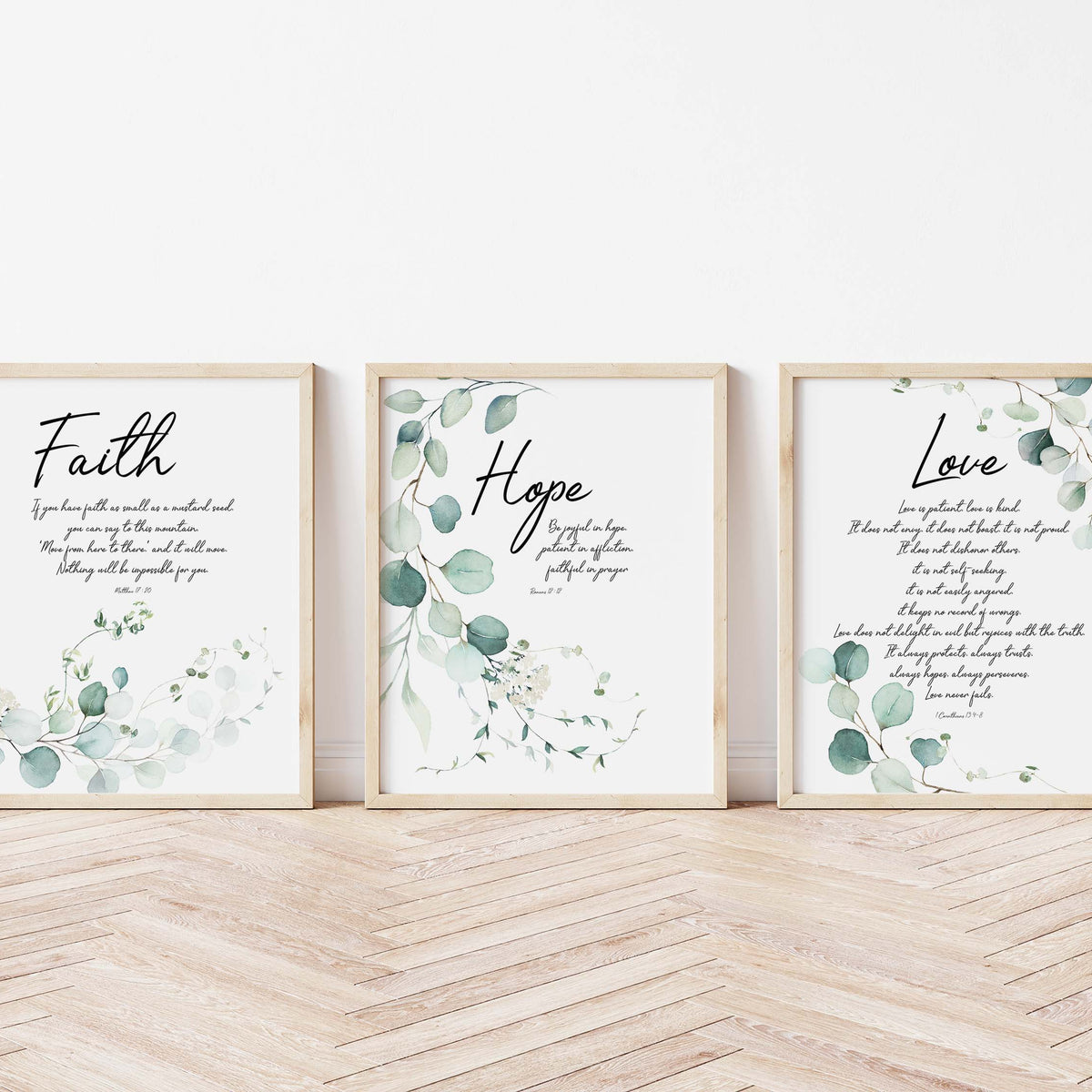 Botanical Bible Verse Faith Hope Love Prints, Eucalyptus Scripture Art ...