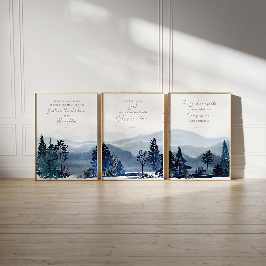 Mountain Bible Verse Print Set of 3, Comforting Scripture Wall Art ...