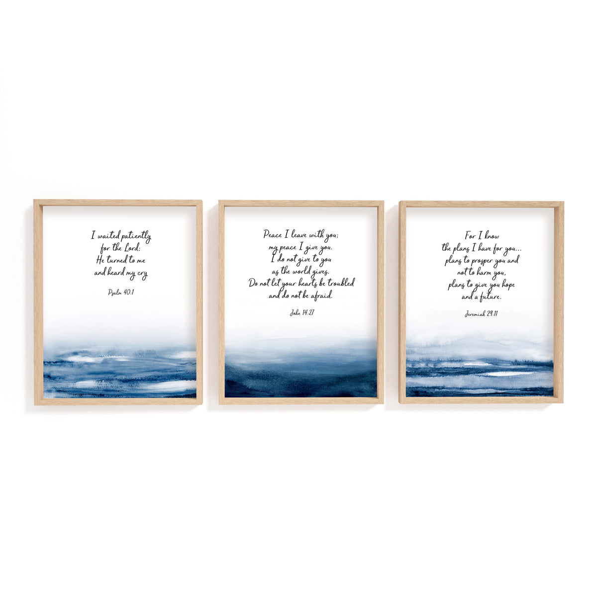 Blue Abstract Scripture Print Set Of 3, Jeremiah 29 11, John 14 27, Ps ...