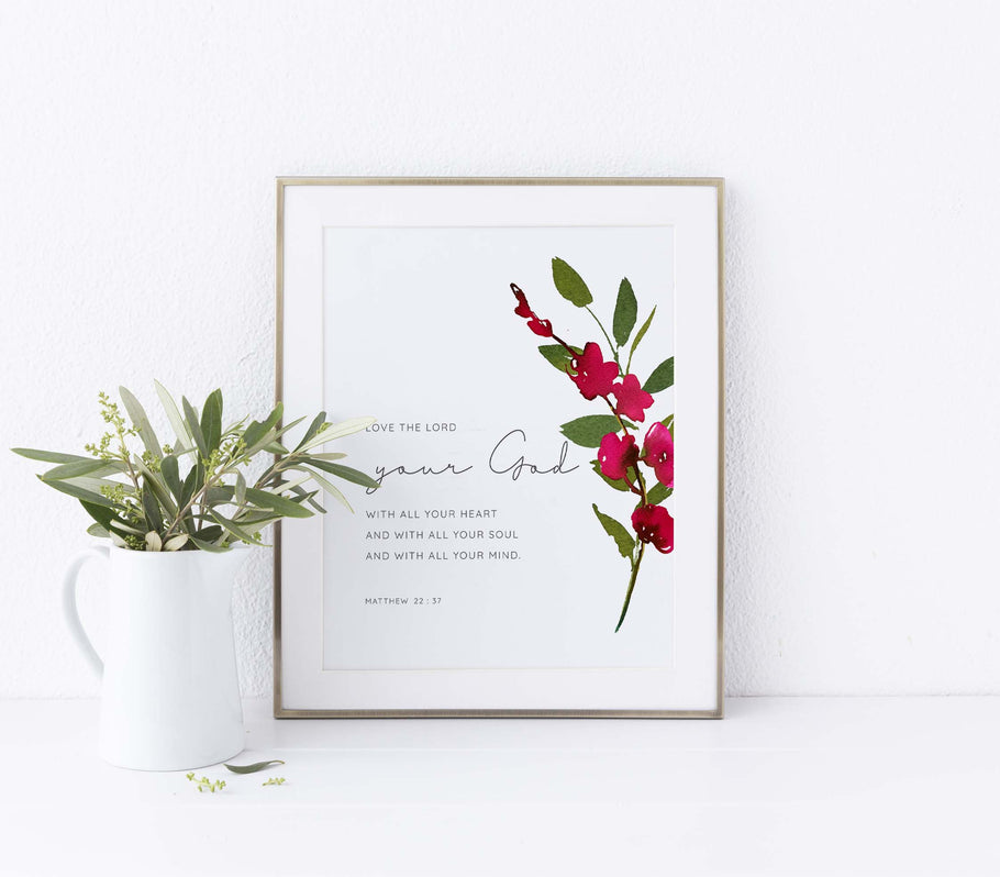 Love The Lord Your God Bible Verse Wall Art Print, Burgundy Orchid Mat ...