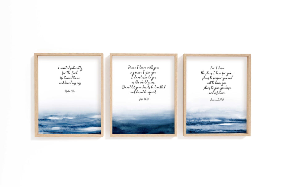 Blue Abstract Scripture Print Set Of 3, Jeremiah 29 11, John 14 27, Ps ...